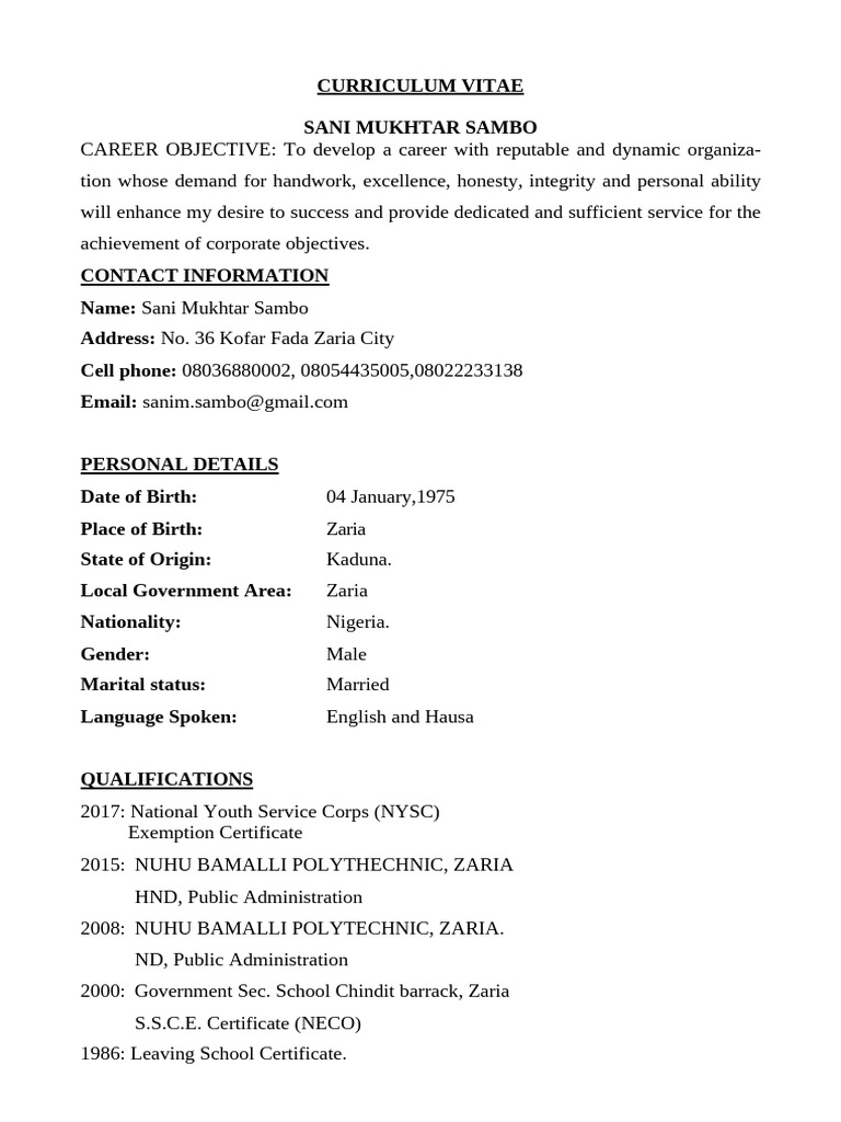 Sani Sambo CV - pdf0-1 NW | PDF