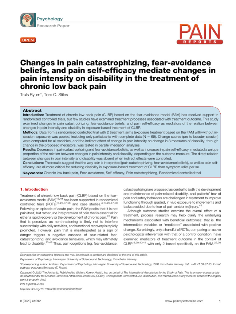 Changes in Pain Catastrophizing, Fear Avoidance.10 | PDF | Physical ...