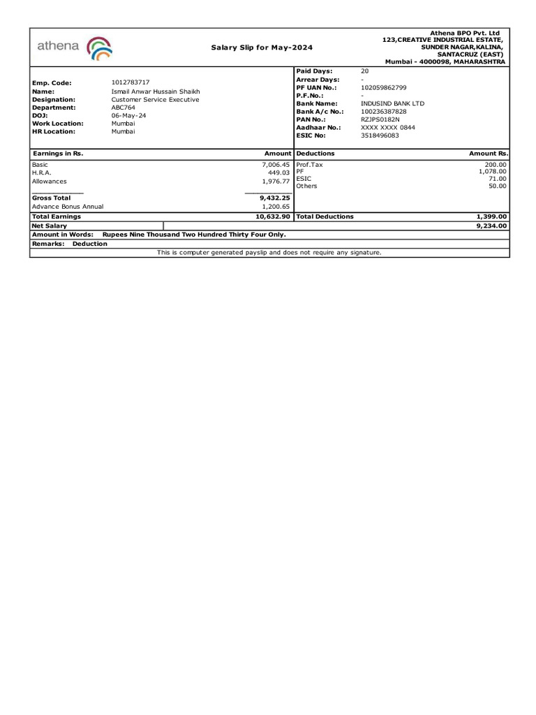 Payslip_1_052024_1012783717 (1) | PDF | Taxes | Government Finances