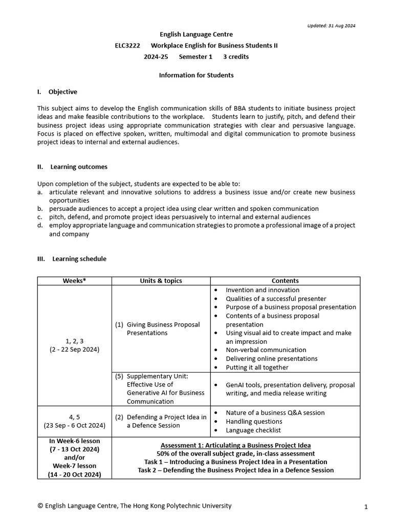ELC3222 (2024-25-Sem1) Information For Students | PDF | Turnitin | Communication