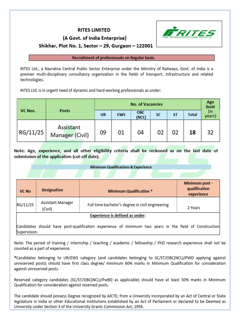 RITES Recruitment: Assistant Manager (Civil) | PDF | Beam (Structure)