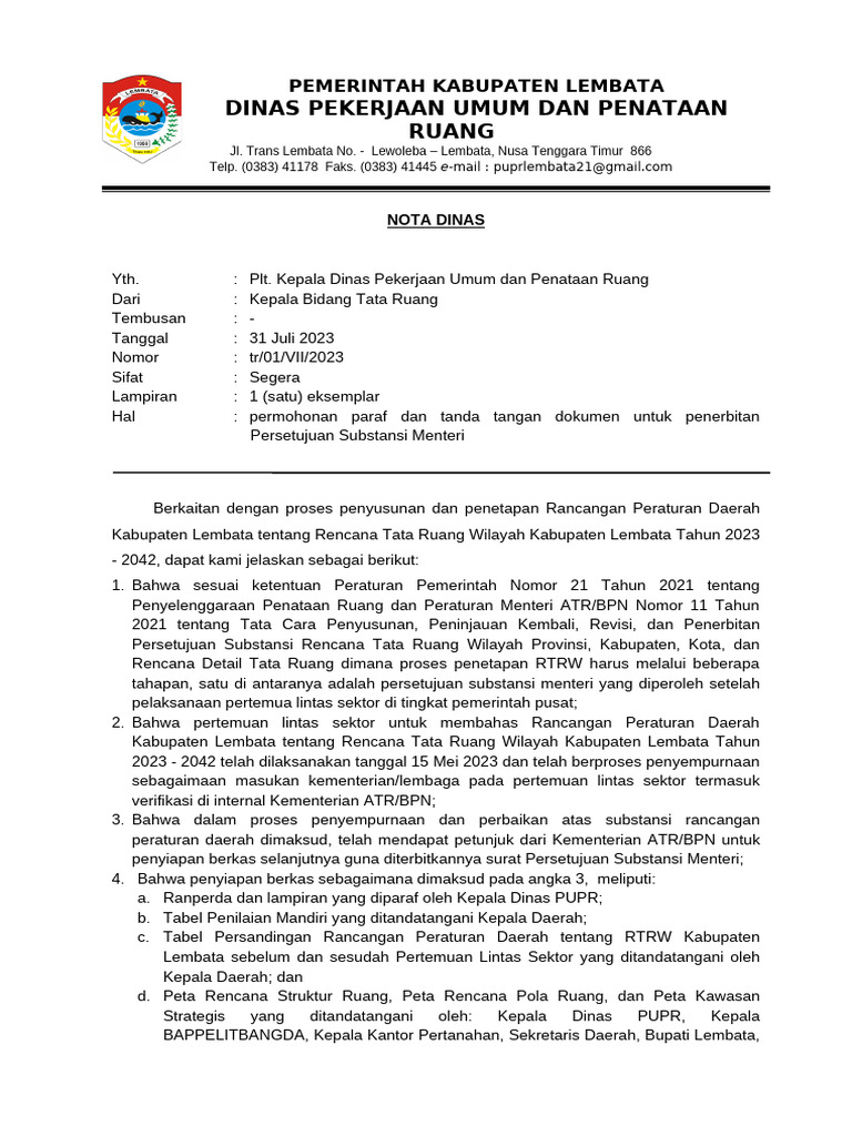 Nota Dinas - Kadis Paraf Ranperda Dan TTD Dok Peta | PDF