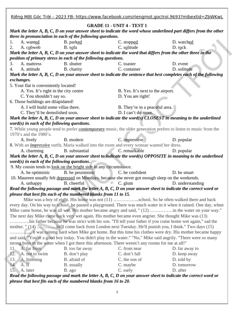 Grade 11 English Test - Unit 4 | PDF