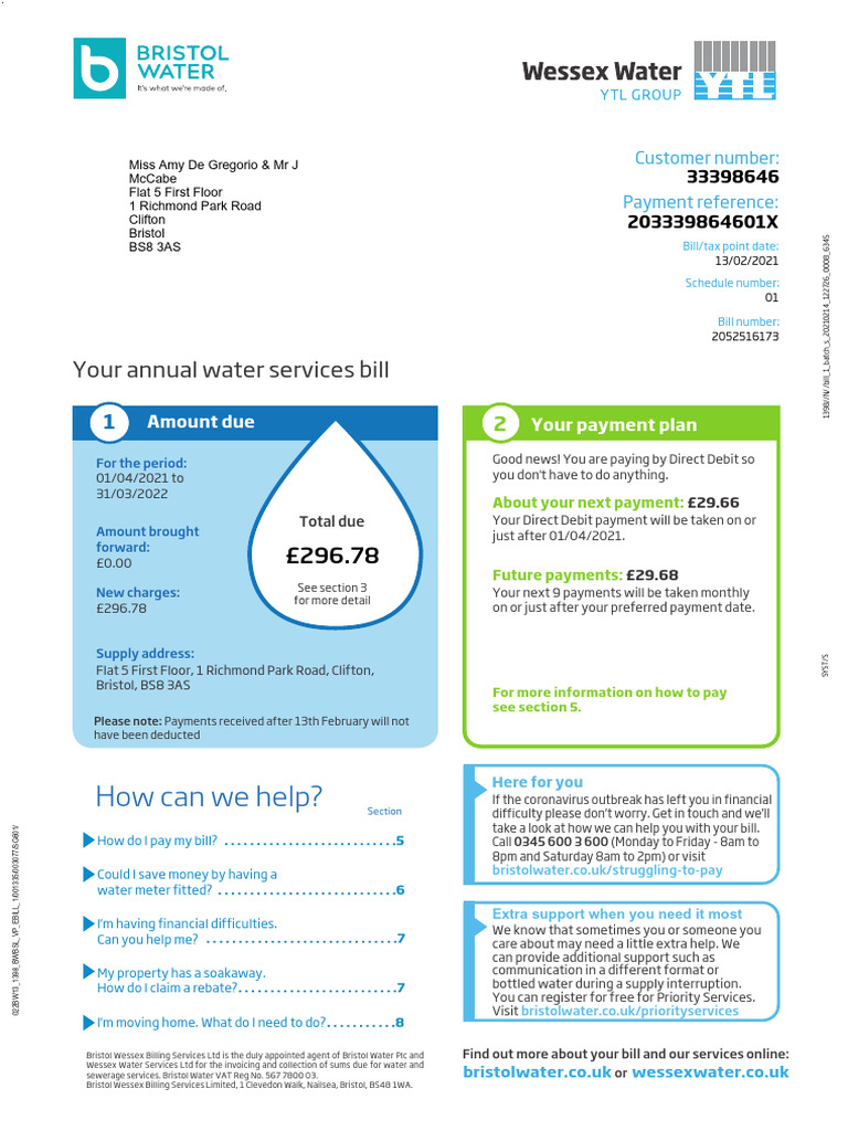 Bristol Water Customer Service Guide | PDF | Cheque | Sanitary Sewer