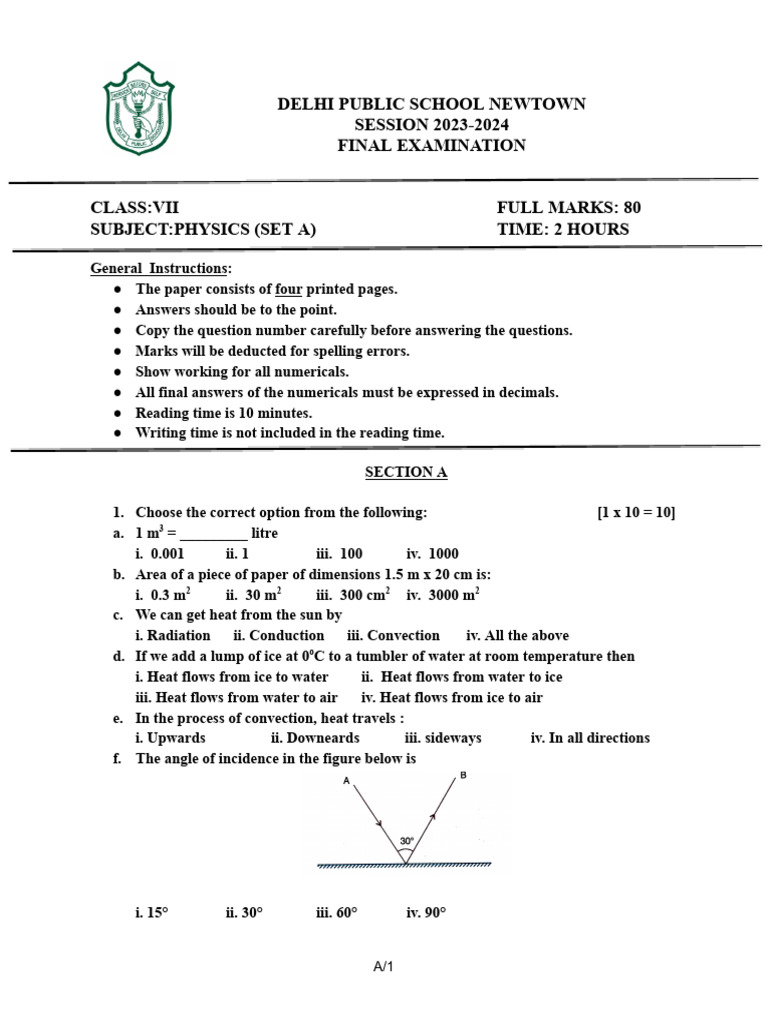 CL. 7_FINAL EXAM_PHYSICS (SET-A) | PDF | Light | Sound