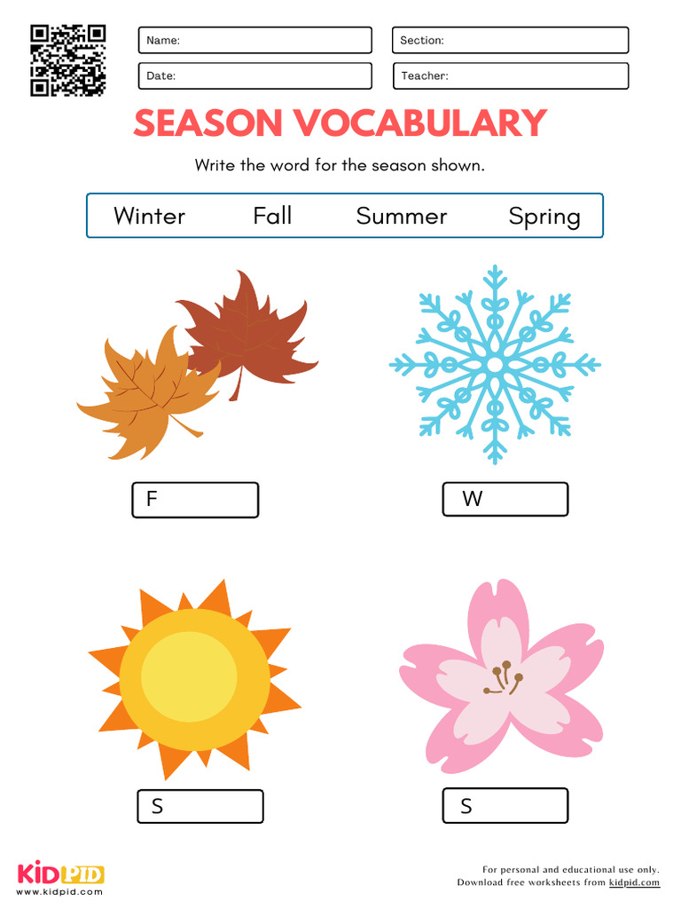 Season Words Worksheet For Kindergarten | PDF