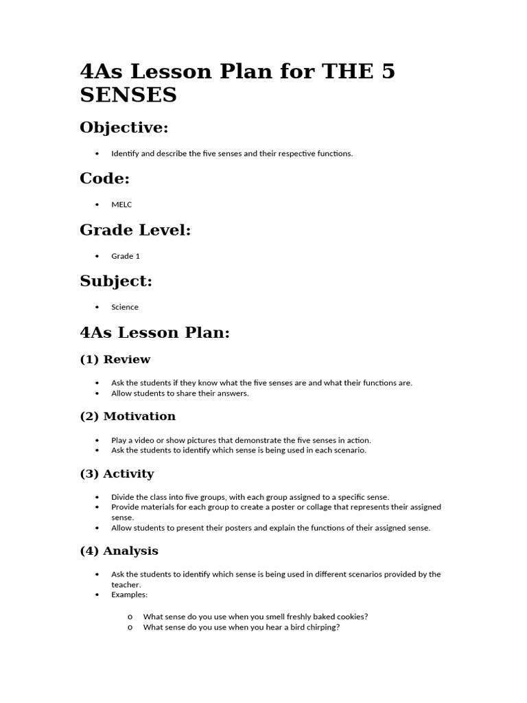 4As Lesson Plan: Exploring 5 Senses | PDF | Senses | Taste
