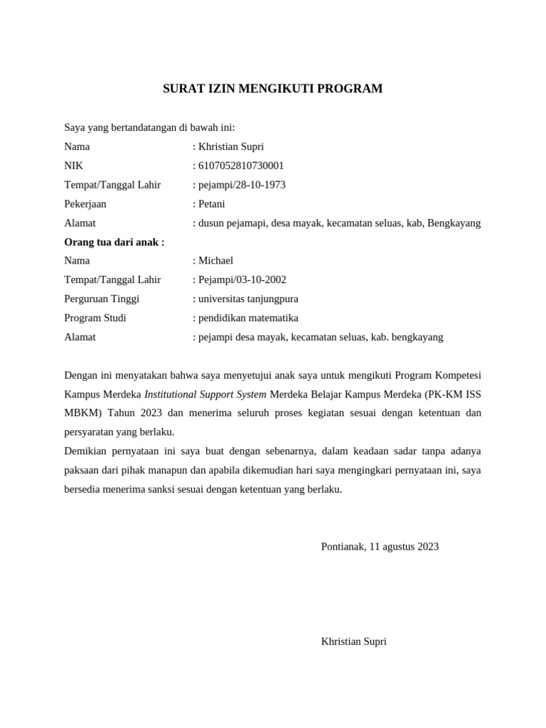 Template SURAT IZIN MENGIKUTI PROGRAM - PKKM - ISS - MBKM | PDF