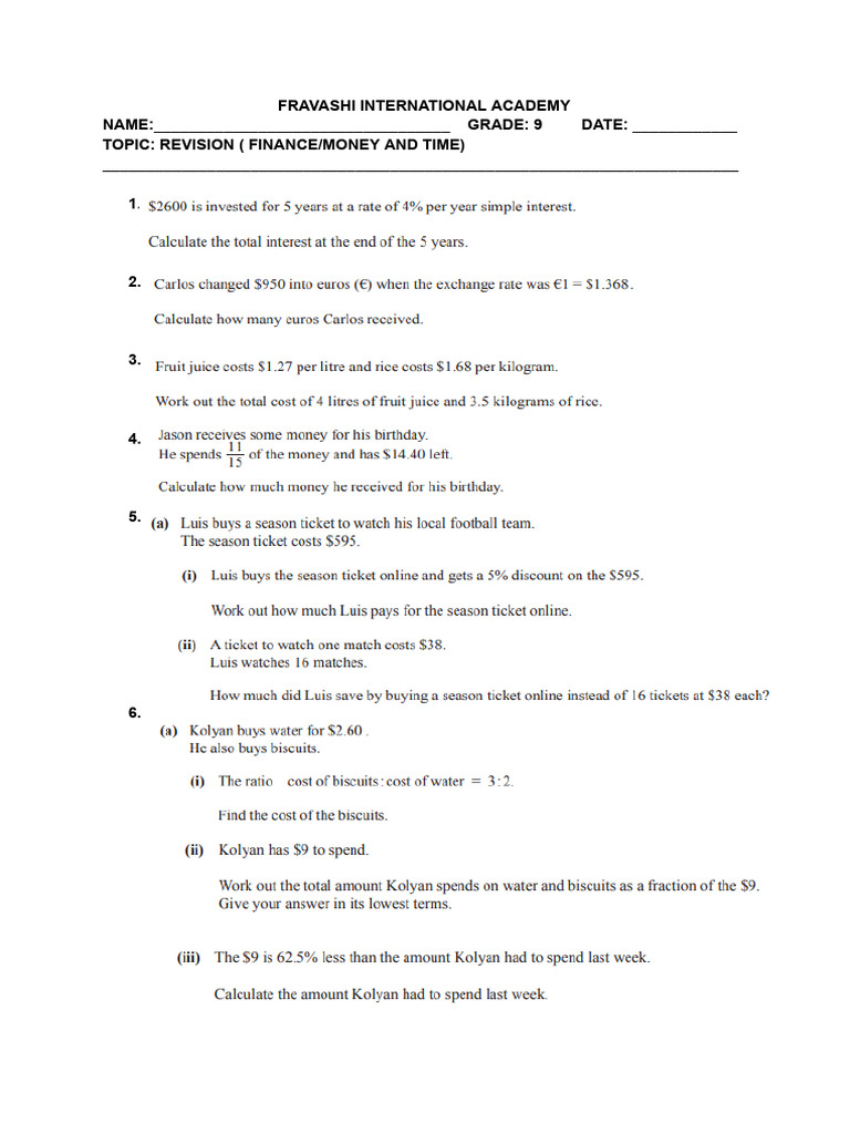 Revision Wroksheet On Finance and Time | PDF