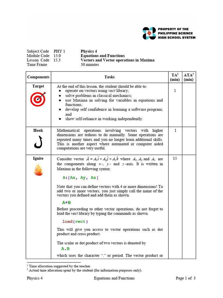 SLG Phy4 15.3 Vectors and Vector Operation in Maxima | PDF | Euclidean ...