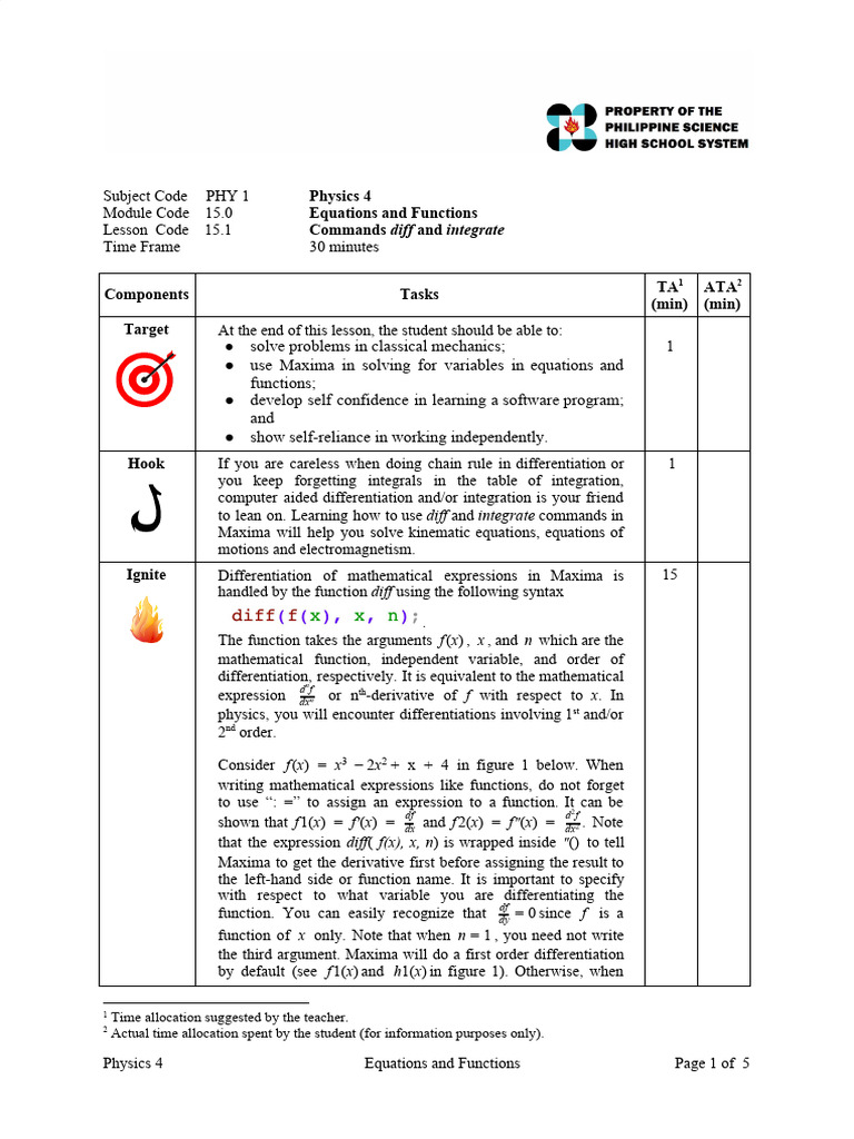 SLG Phy4 15.1 Commands Diff and Integrate | PDF | Function (Mathematics) | Integral