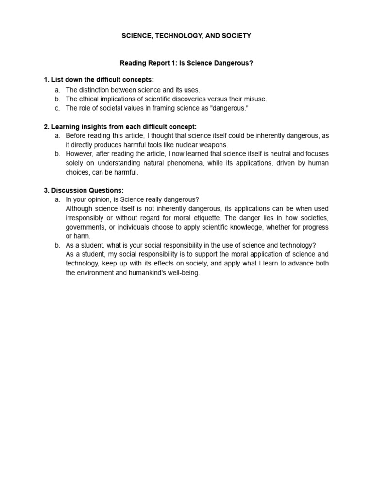 STS Reading Report 1 - Is Science Dangerous | PDF