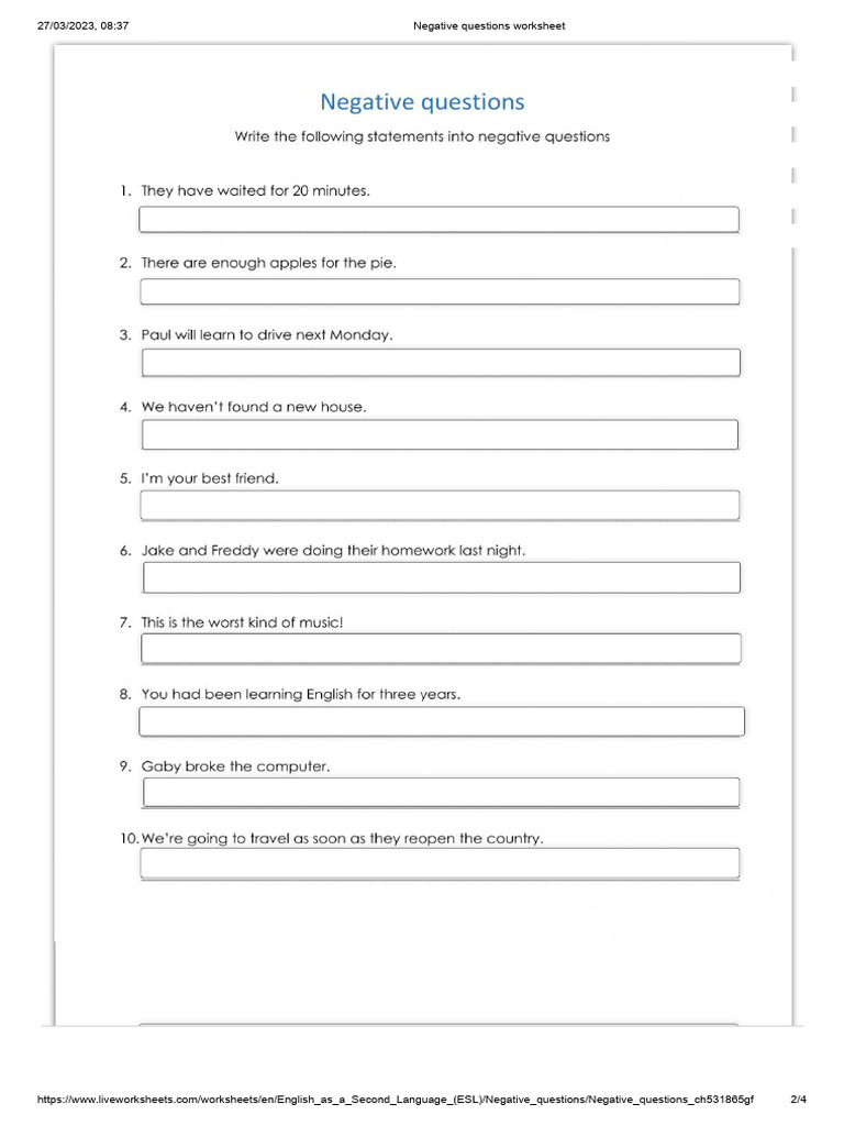 Negative Questions Worksheet PDF | PDF