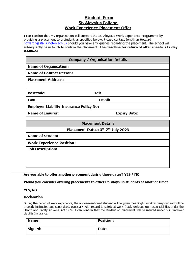 Work Experience form 2023 STA (2) | PDF