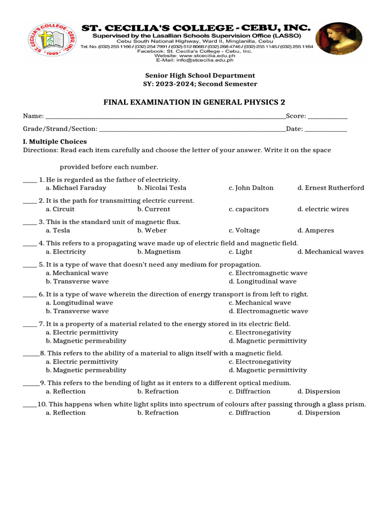 General Physics 2 Finals With Answers | PDF | Waves | Magnetic Field