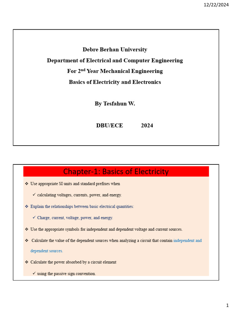 Chapter-1 Basics of Electricity 2024 | PDF | Electric Current | Electric Power