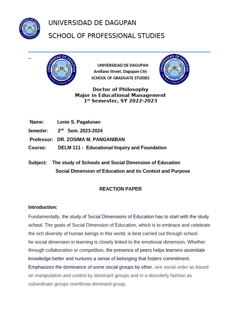 REACTION PAPER - DELM 111 The Study of Schools and Its Social Dimension ...