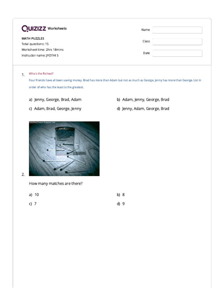 Quizizz - Math Puzzles (1) | PDF