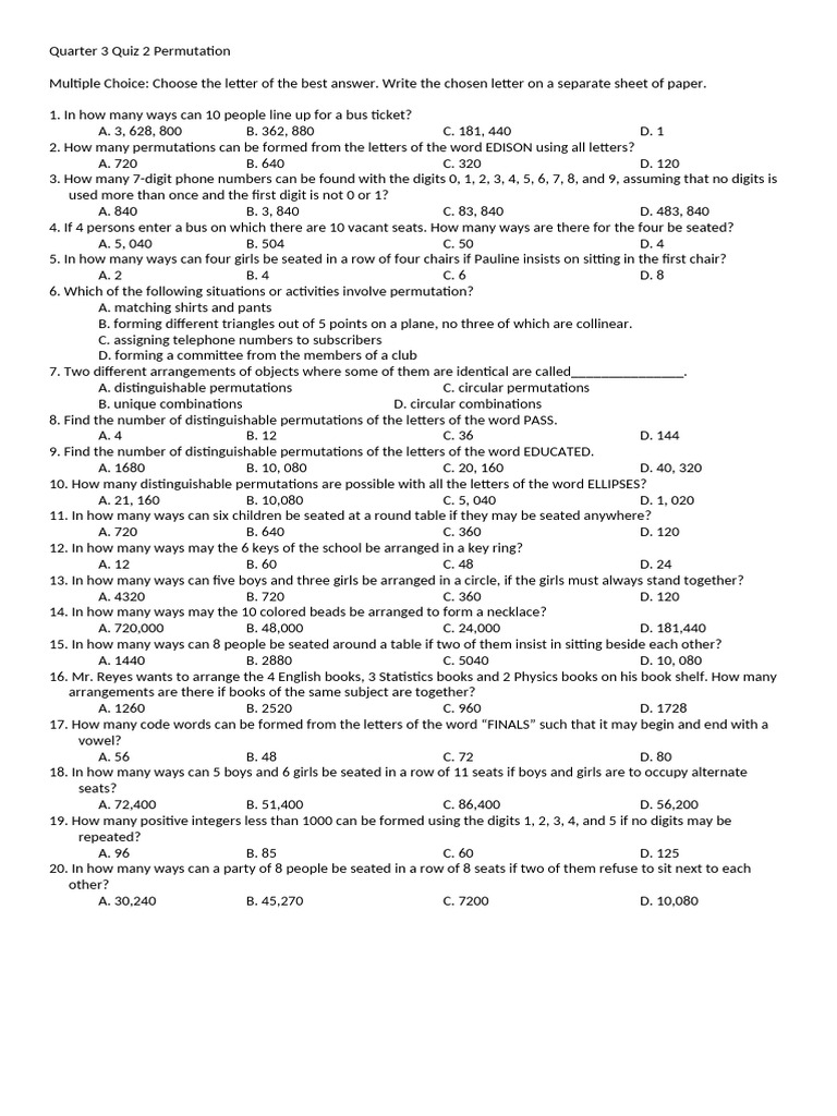 Math 10 Quarter 3 Quiz Permutation | PDF | Permutation Math 10 Quarter 3 Quiz Permutation | PDF | Permutation
