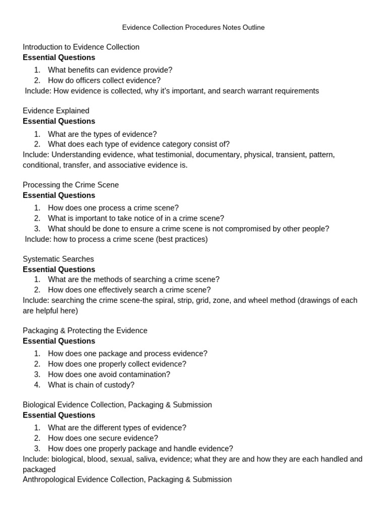 Evidence Collection Procedures Notes Outline | PDF | Crime Scene | Law ...