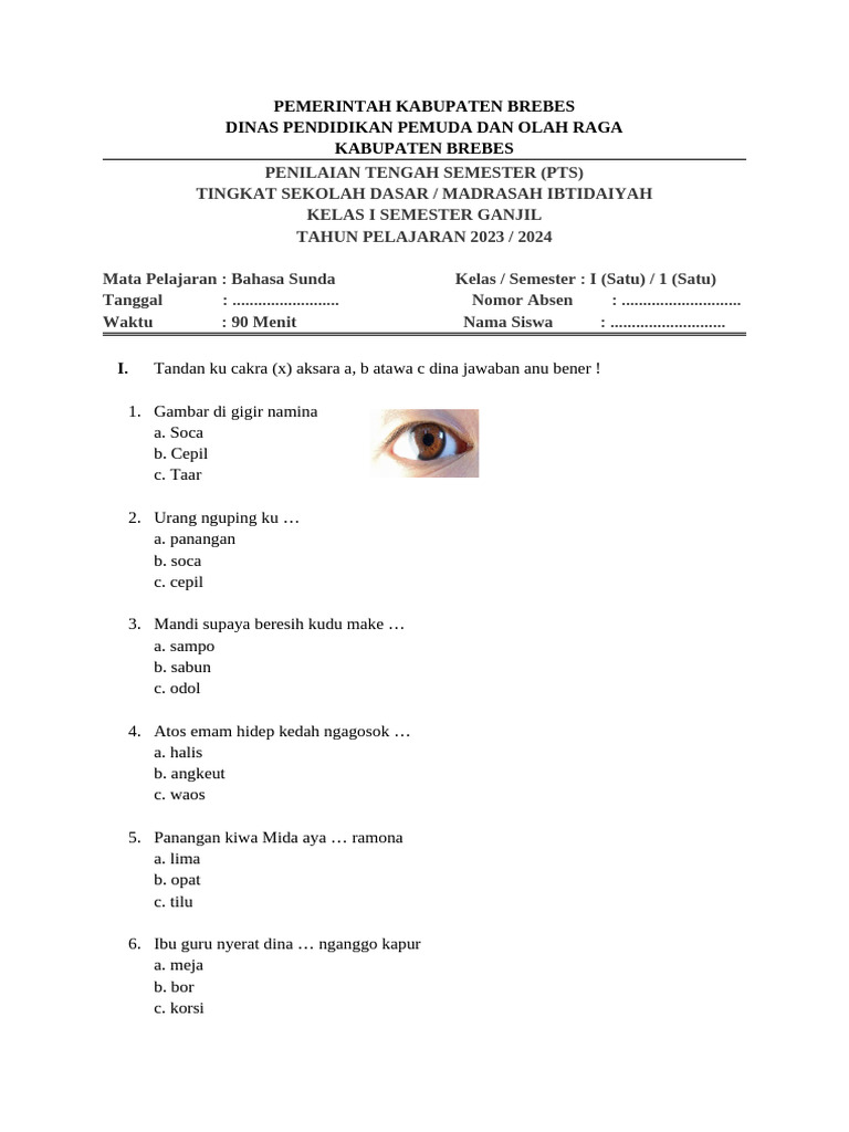 soal dan kunci jawaban PTS B. Sunda kls 1 smt 1 | PDF