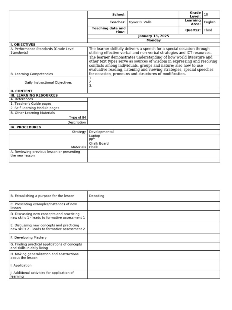 DLL template | PDF | Learning | Teaching