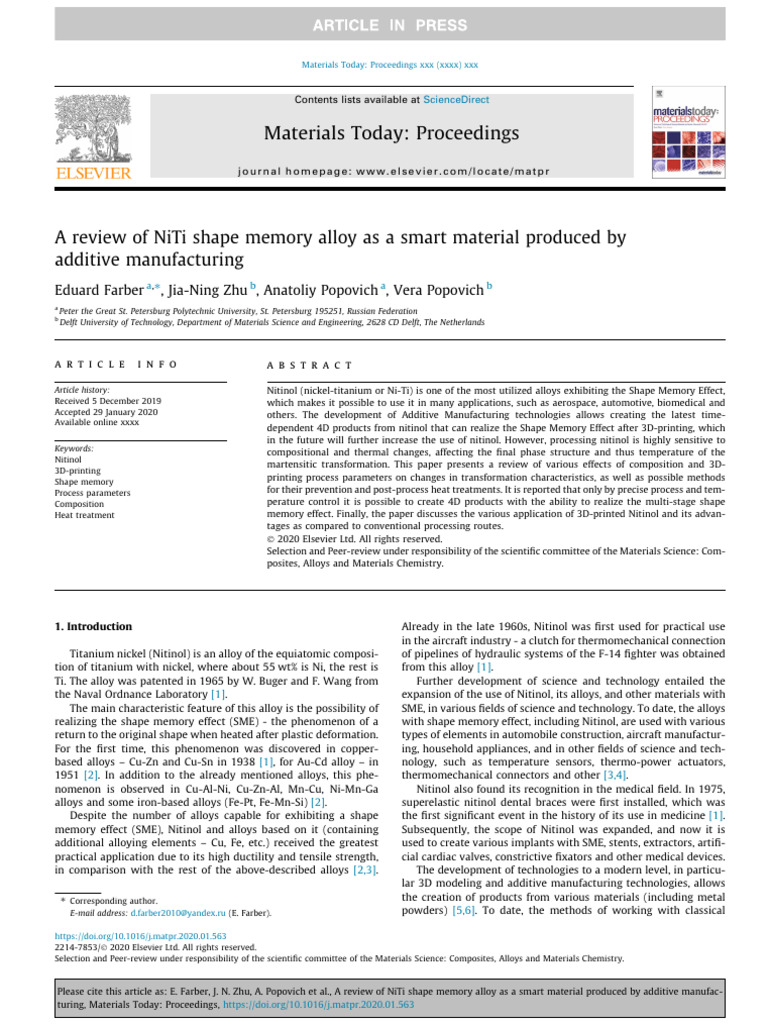 A review of NiTi shape memory alloy as a smart material produced by ...