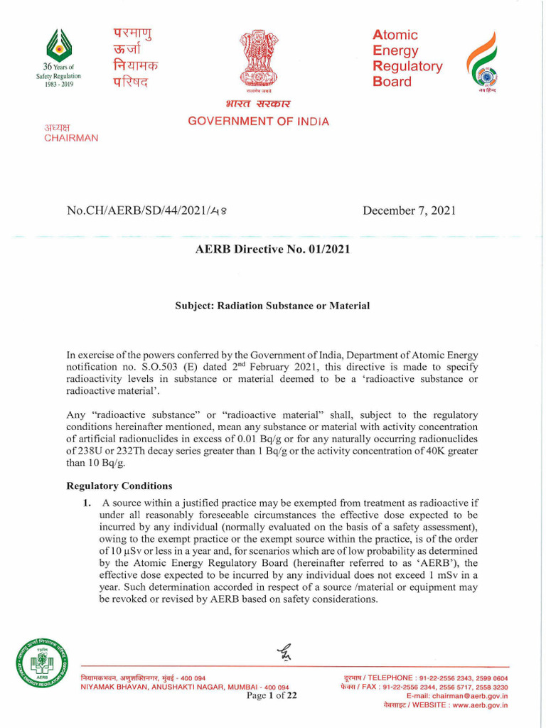 AERB Safety Directive 01 RS Definition FINAL | PDF | Radioactive Decay | Radionuclide