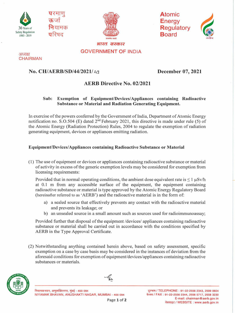 AERB Radiation Equipment Exemption Directive | PDF | Radiation ...
