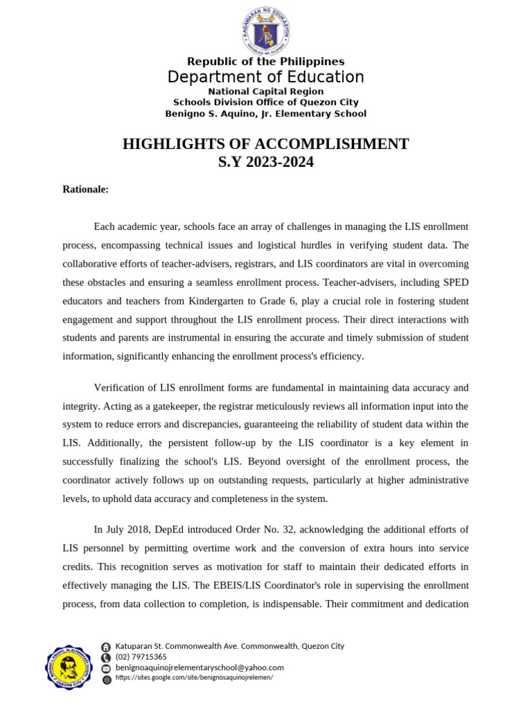 LIS Accomplishment Report 2023-2024 | PDF