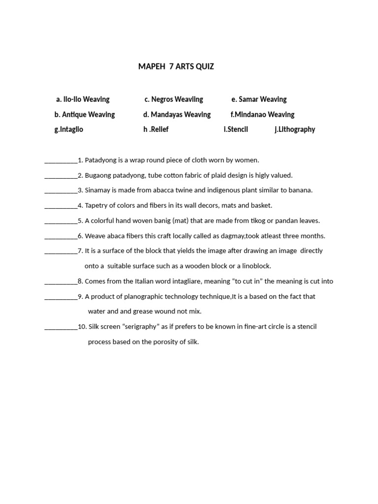 MAPEH 7 Quiz 2nd Quarter | PDF
