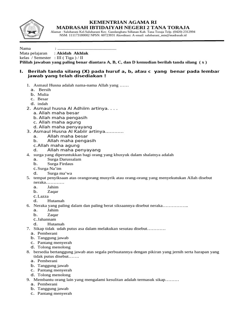 Soal PAS Akidah Akhlak Kelas 3 | PDF