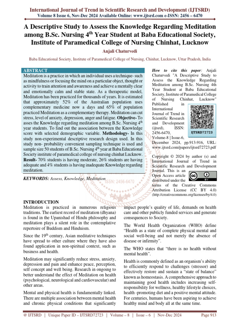 A Descriptive Study To Assess The Knowledge Regarding Meditation Among ...