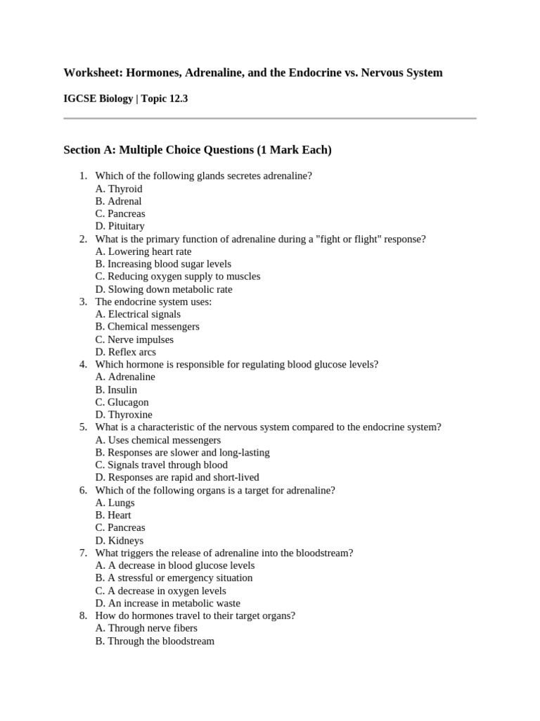 Worksheet Coordination and Response | PDF | Endocrine System | Hormone