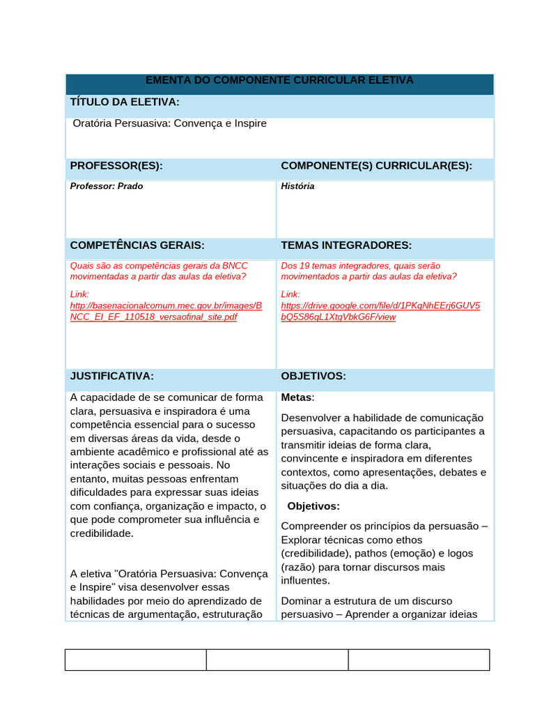Ementa de Eletiva - História 2025 | PDF | Aprendizado | Pedagogia