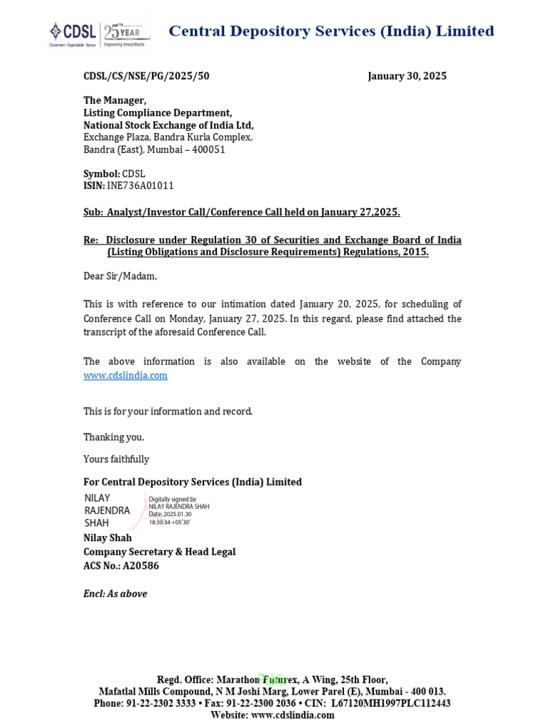 CDSL 30012025185400 NSEintimationtranscript27012025 | PDF | Securities (Finance) | Initial ...