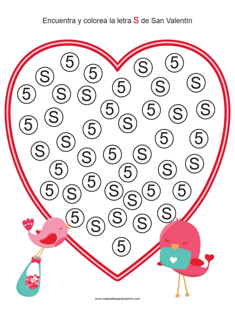 Colorea la letra S de San Valentín | PDF