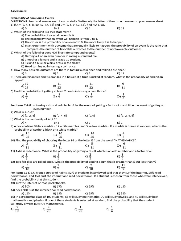 Assessment Probability of compound events | PDF | Probability | Probability Theory
