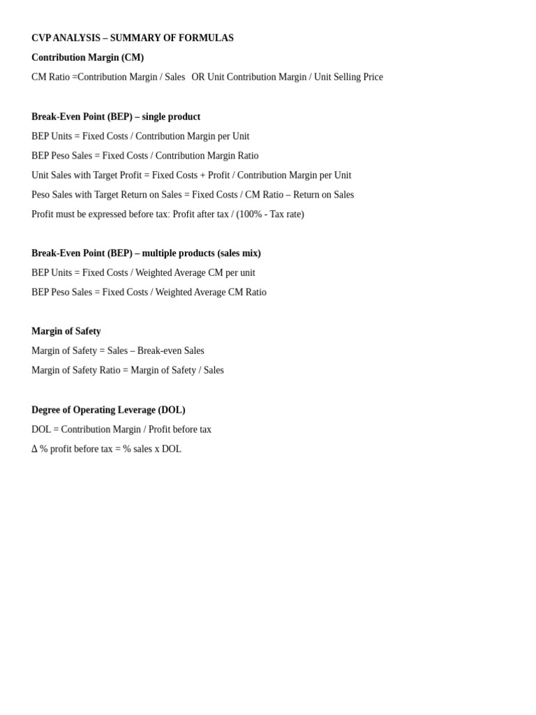 Stratbus Cvp Analysis Summary | PDF