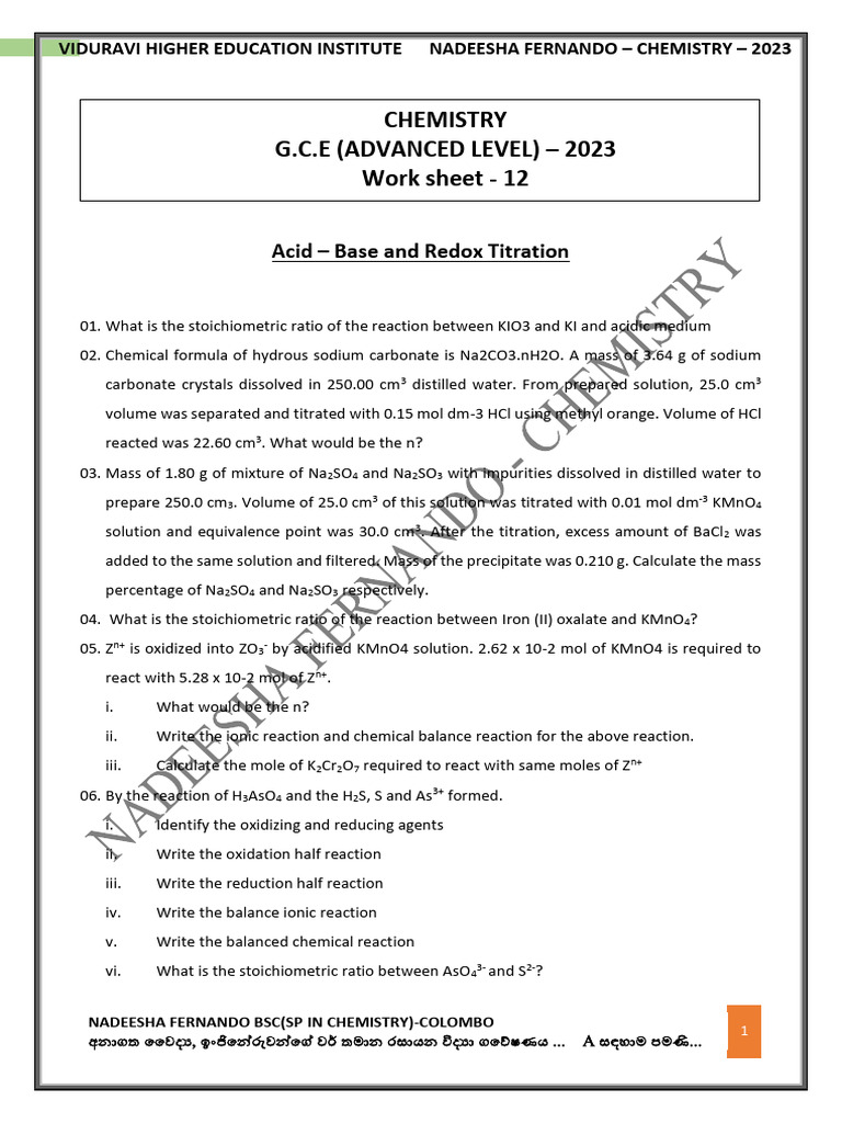 Advanced Chemistry Titration Guide | PDF | Chemistry | Titration