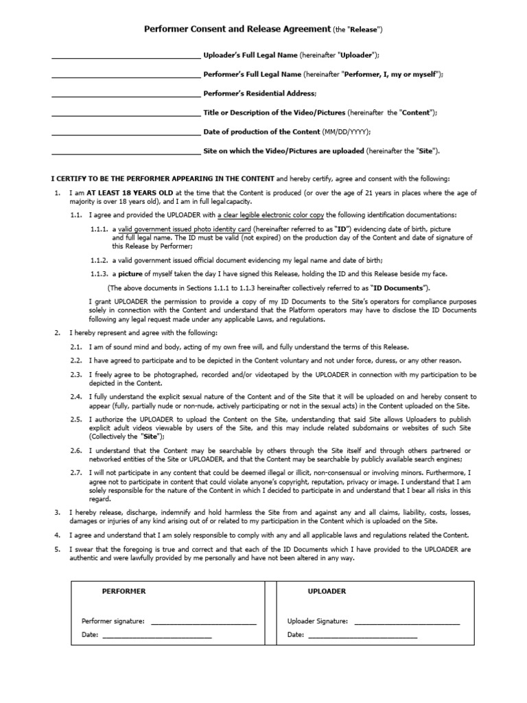 Performer Consent Release Agreement | PDF | Identity Document