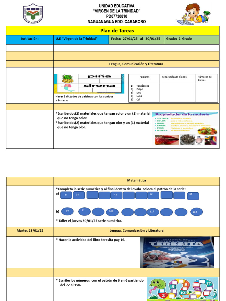 Plan de Tareas de 2do Del 27 Al30 Enero Sandra | PDF