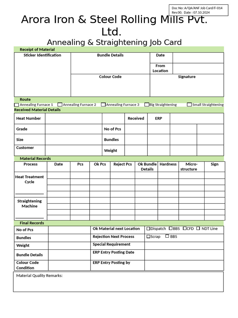 Annealing & Straightening Job Card Template | PDF