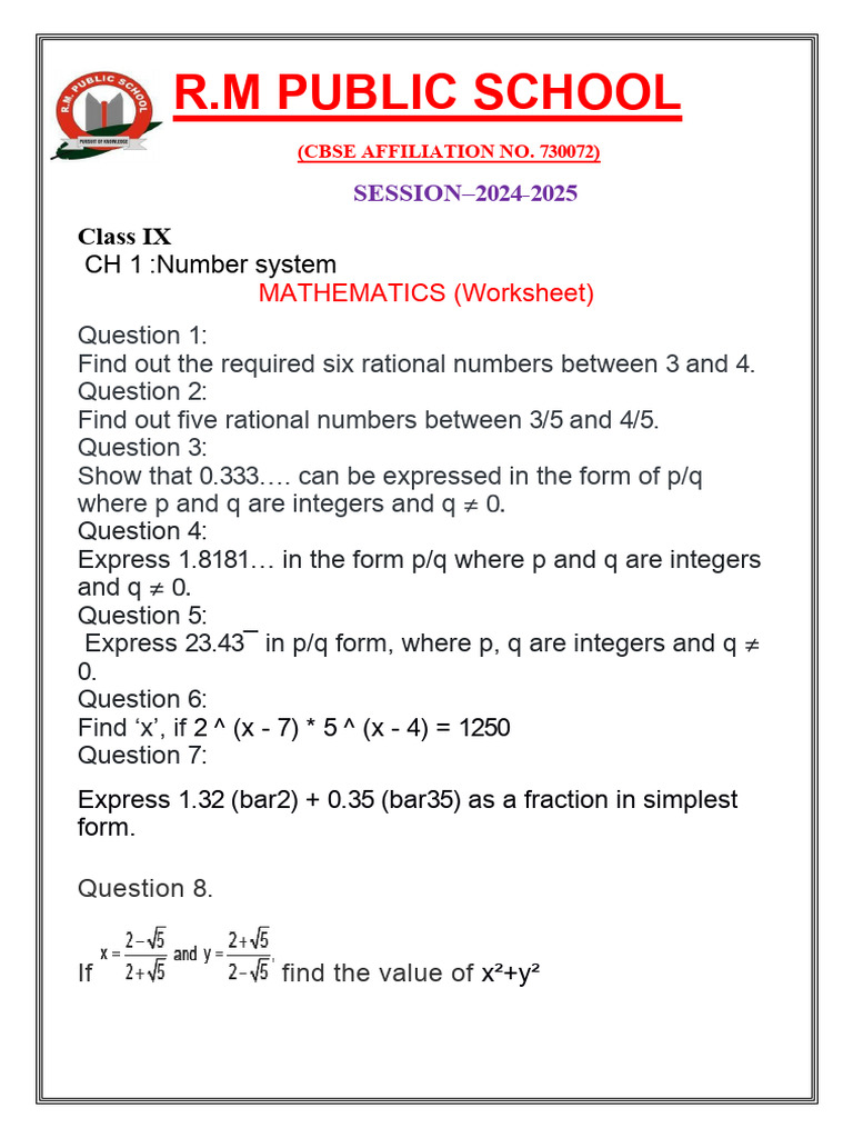 Mathematics 9th Worksheet 3 | PDF