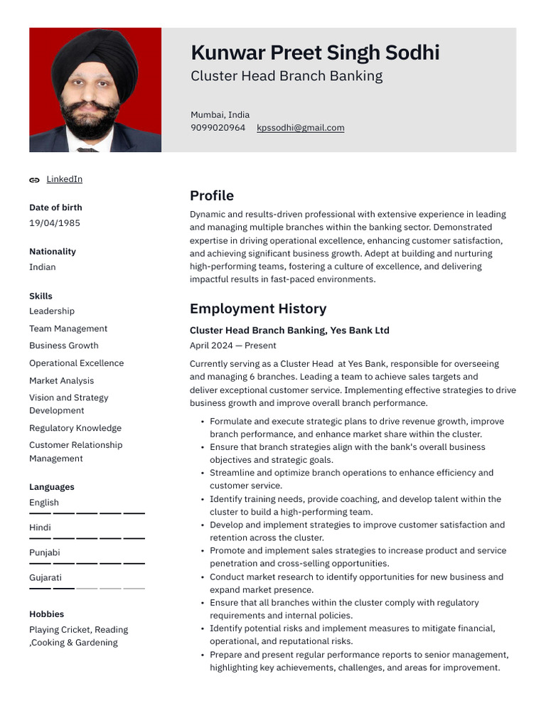 Kunwar Preet Singh Sodhi: Cluster Head Branch Banking | PDF | Banks ...