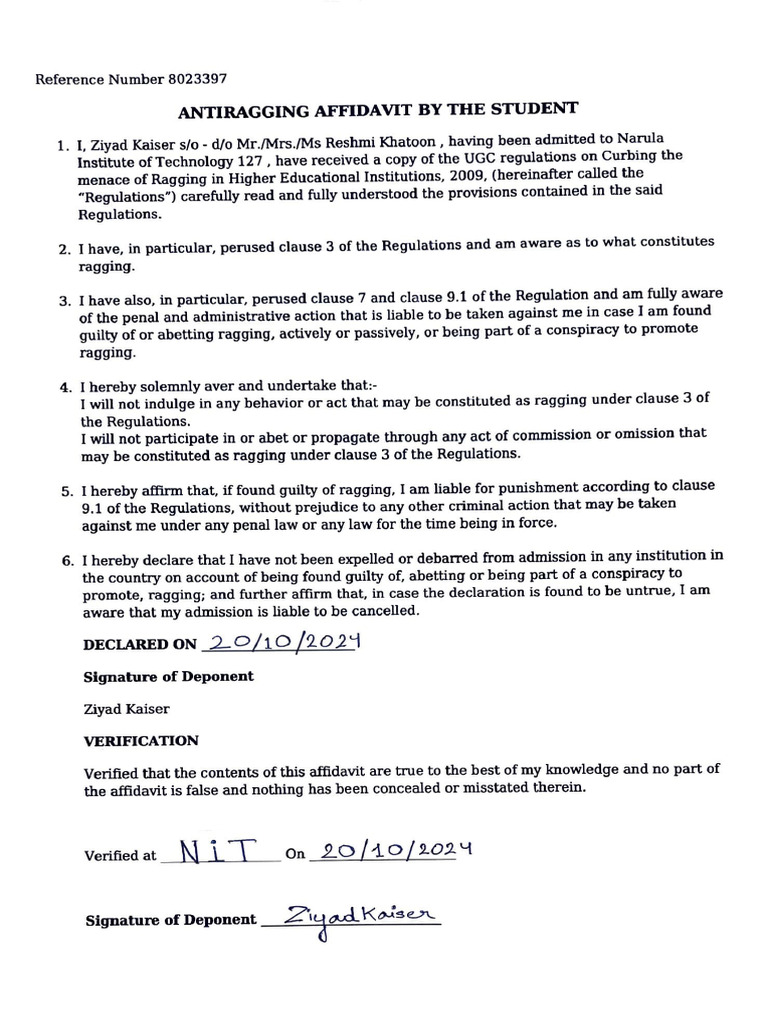 Antiragging Affidavit Form Compressed | PDF