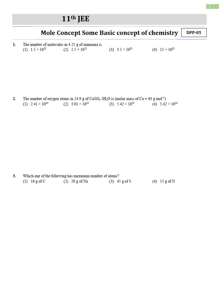 Some Basic Concept of Chemistry _ DPP 05 (of Lecture 07)HJ | PDF | Mole (Unit) | Physical Chemistry