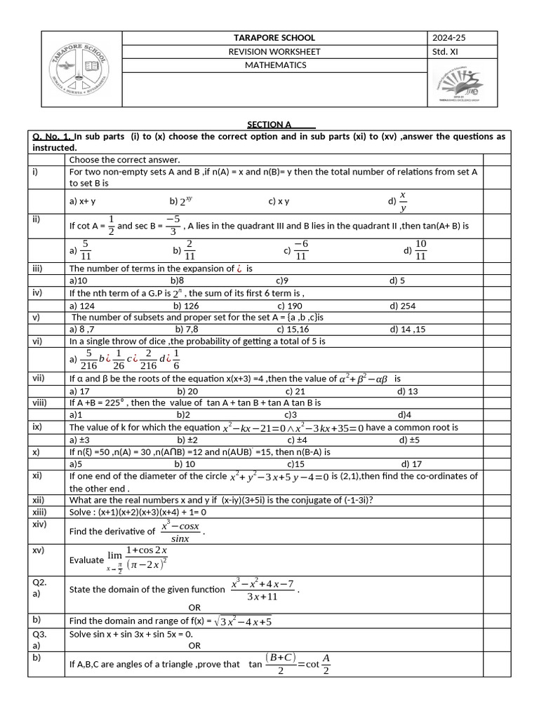 MATHS REVISION WORKSHEET std XI 2024-2025- Copy | PDF | Mathematics