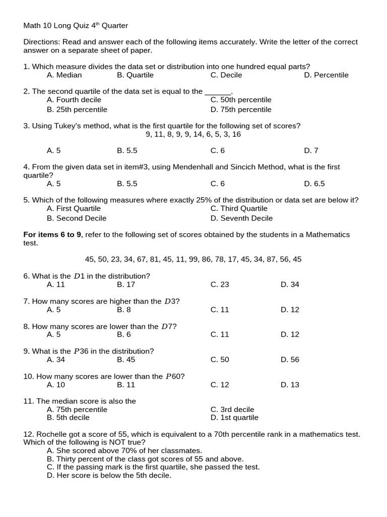 Math 10 Long Quiz 4th Quarter | PDF | Percentile | Quartile
