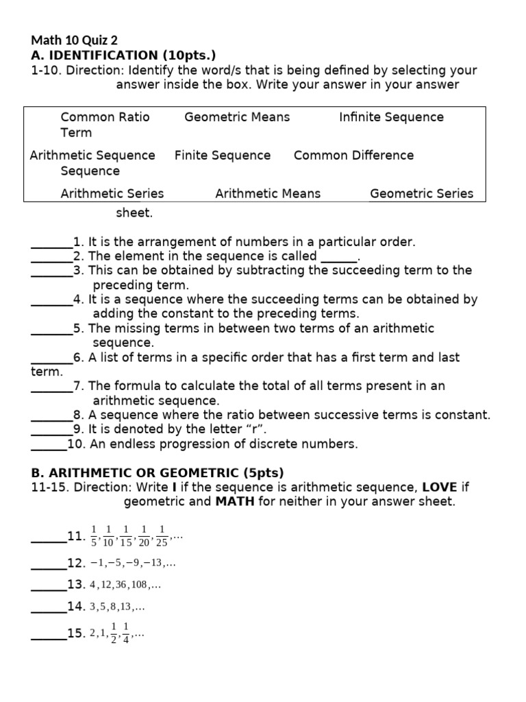 Math 10 Quarter 1 Quiz Sequences | PDF | Sequence | Arithmetic